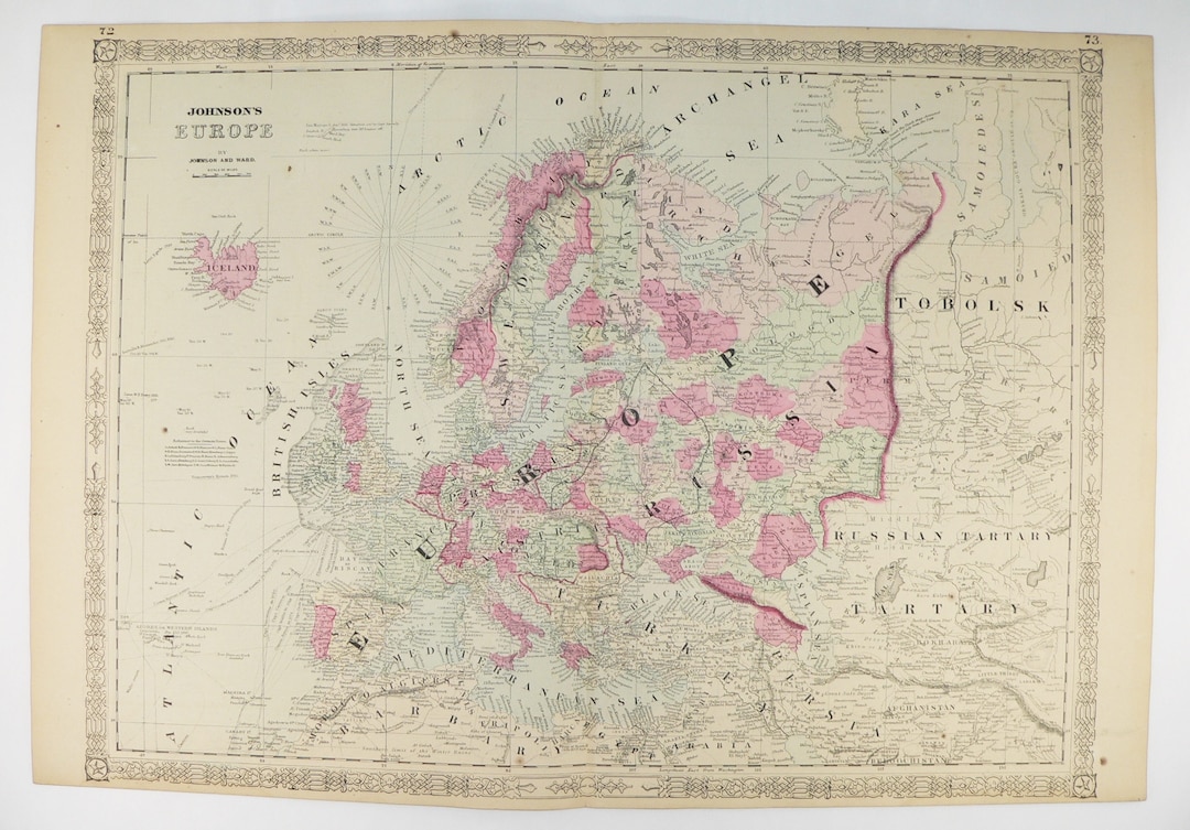 Antique Europe Map, Large Vintage Map of Europe 1864 Johnson Map ...