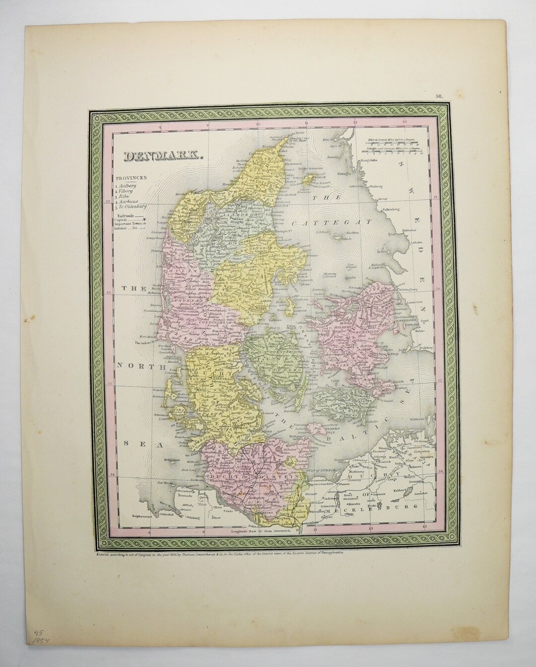 1854 Mitchell Map of Denmark, Original Antique Map, Vintage Denmark Map ...