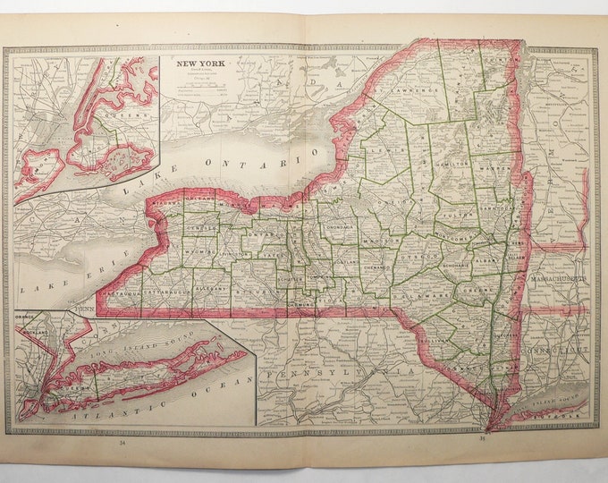 1884 George Cram New York State Map, Original Antique Map, New York Map ...