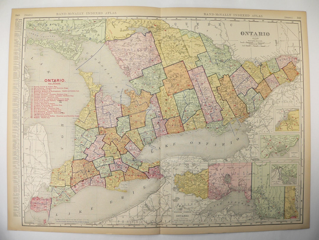Large Vintage Ontario Canada Map 1908 Antique Map of Ontario, Railroad ...