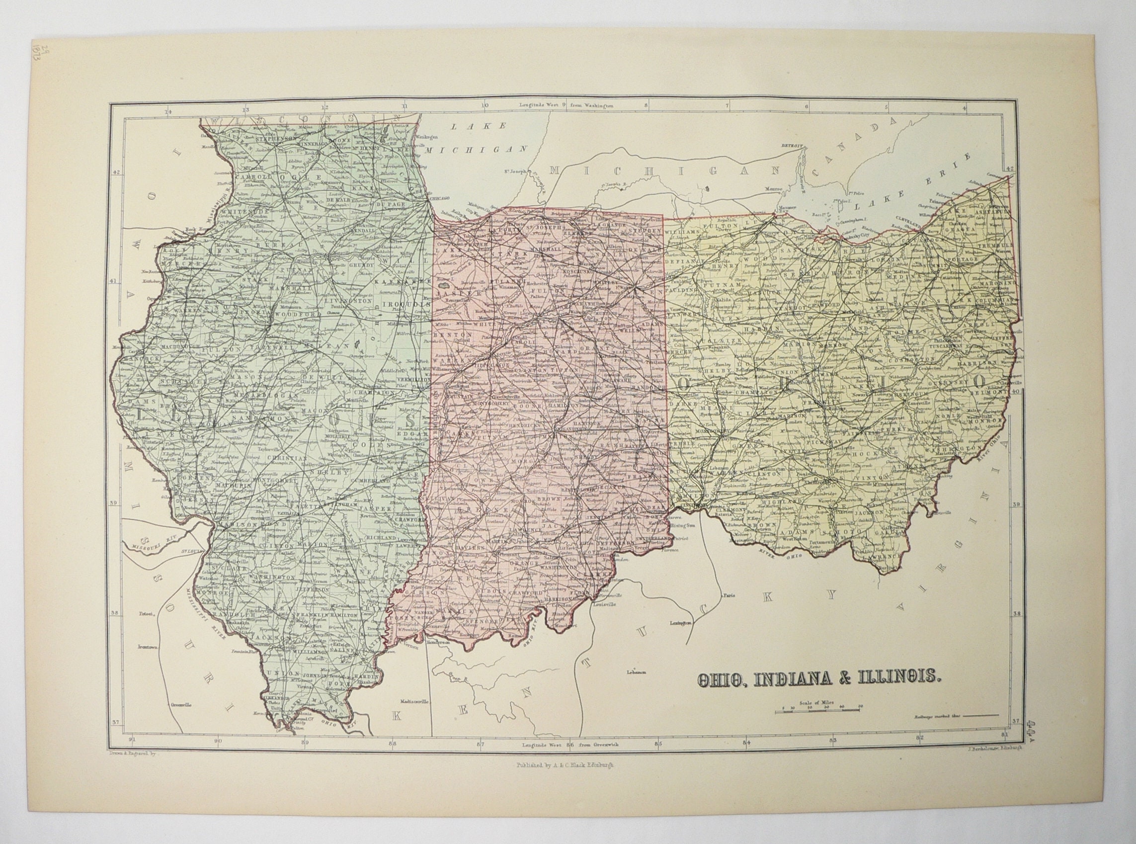 Vintage Map of Illinois Ohio and Indiana 1884 A C Black Map | Etsy
