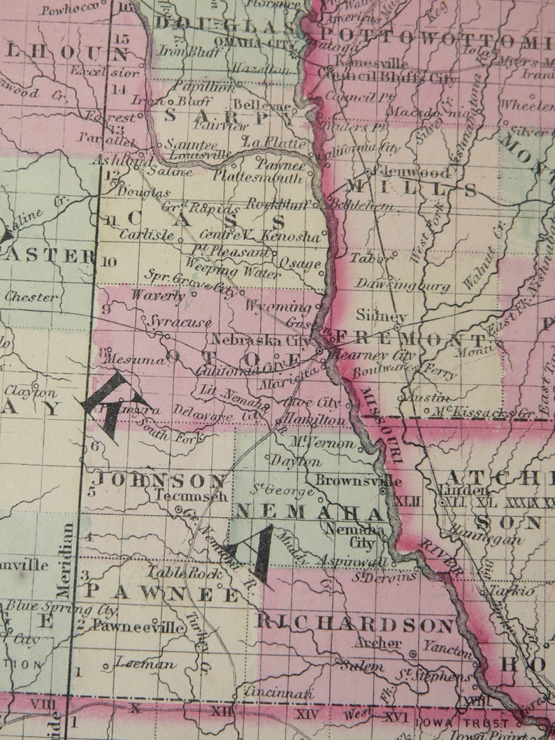 Antique Map Iowa, East Nebraska Map 1862 Johnson Map, Vintage Iowa Map ...