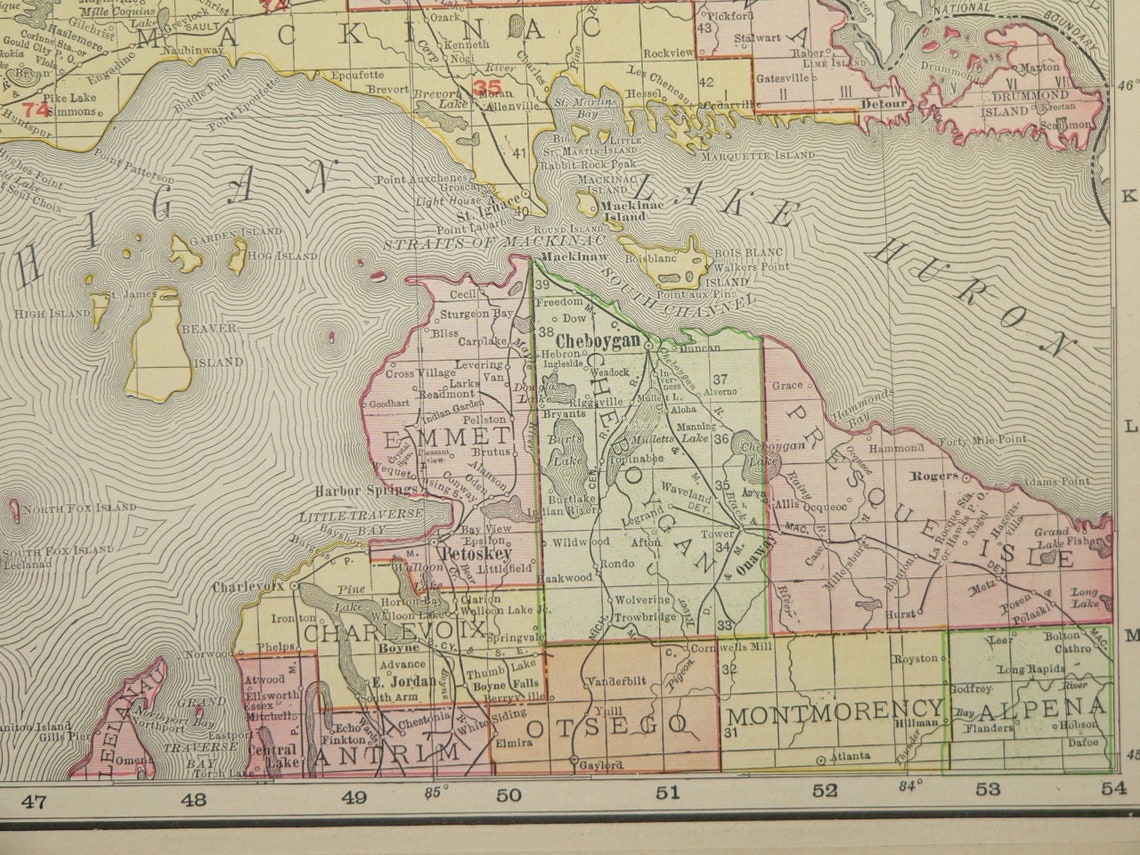Large Upper Peninsula MI Map UP Michigan Map 1908 Original - Etsy