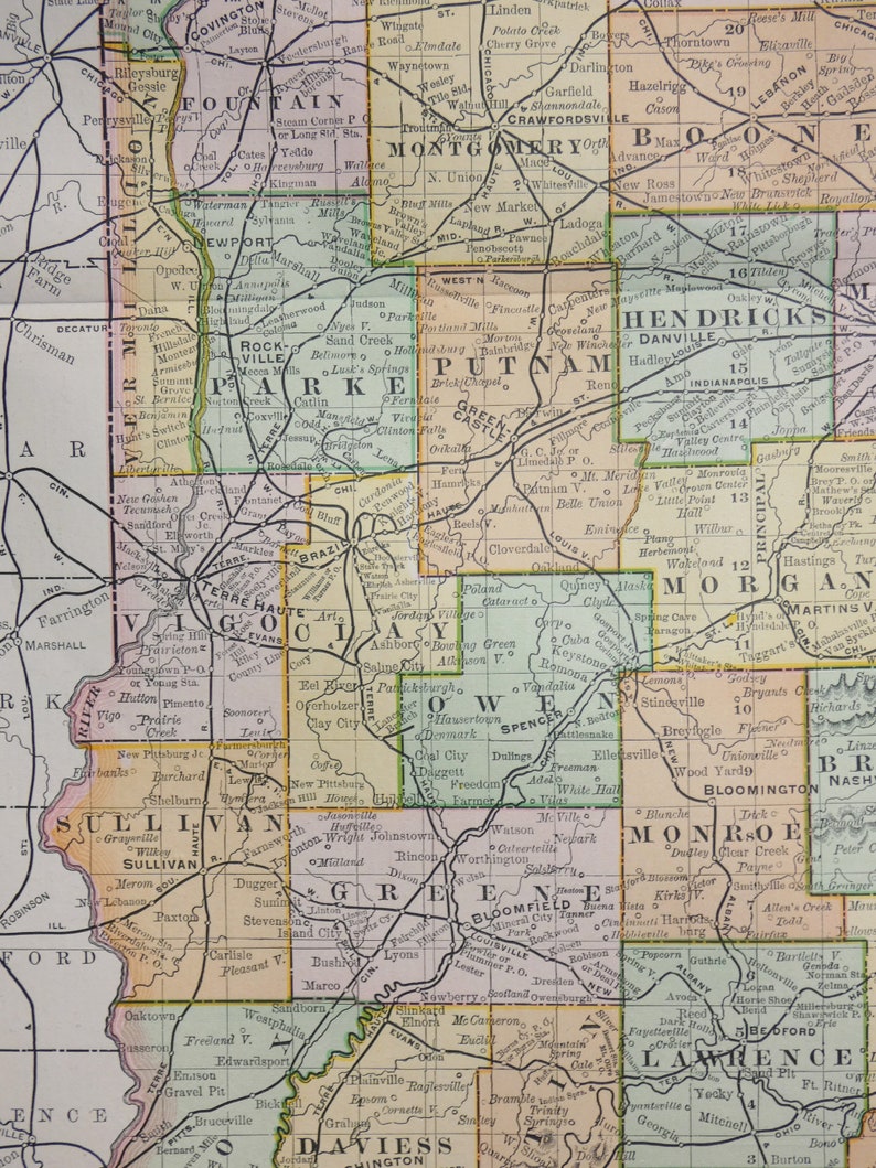 Large Indiana Map 1892 Vintage Map of Indiana State Genealogy - Etsy