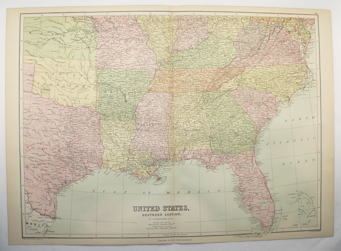 Southern United States Map 1873 A C Black US Map Florida - Etsy