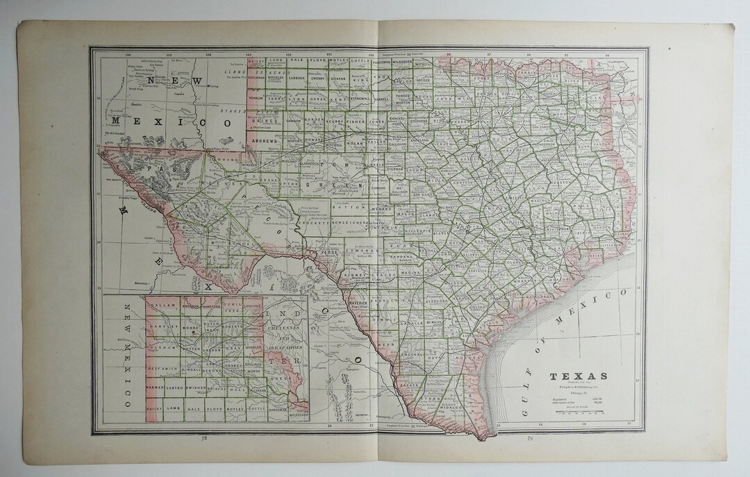 Antique 1889 Map of Texas, With Indian Territory Before Oklahoma and ...