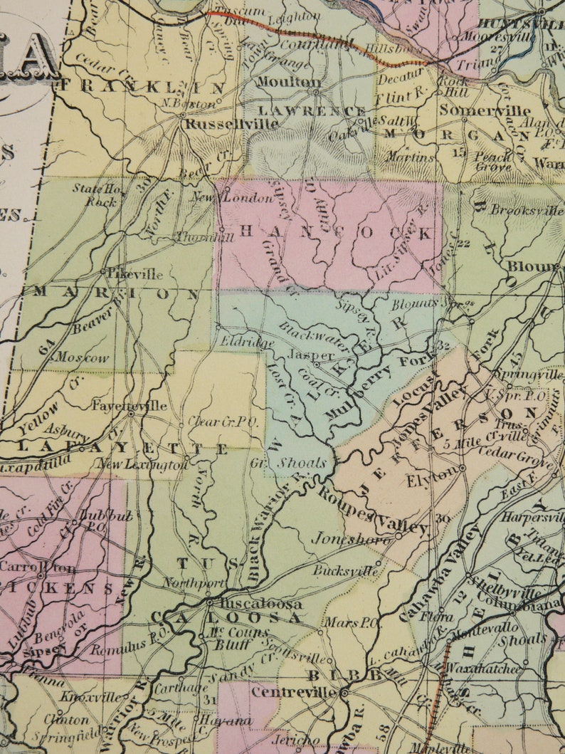 1854 Mitchell Alabama Map, Original Antique Map of Alabama, Vintage ...
