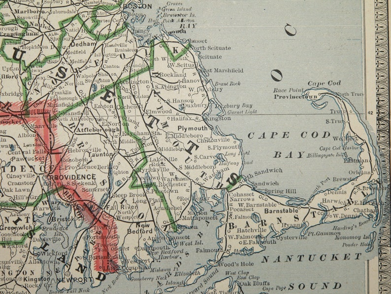 Antique 1884 Massachusetts Map With Connecticut Rhode Island - Etsy