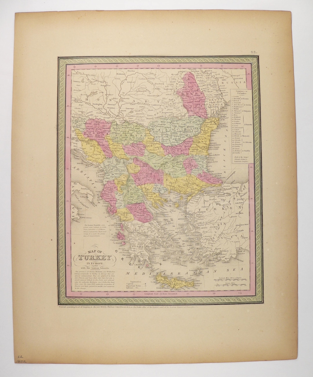 Antique Turkey Map 1852 Mitchell Map of Turkey, Handcolored Map, Turkey ...