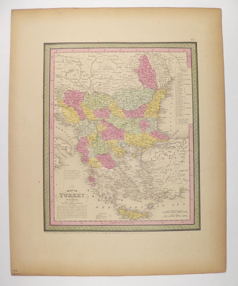 Antique Turkey Map 1852 Mitchell Map of Turkey Handcolored - Etsy