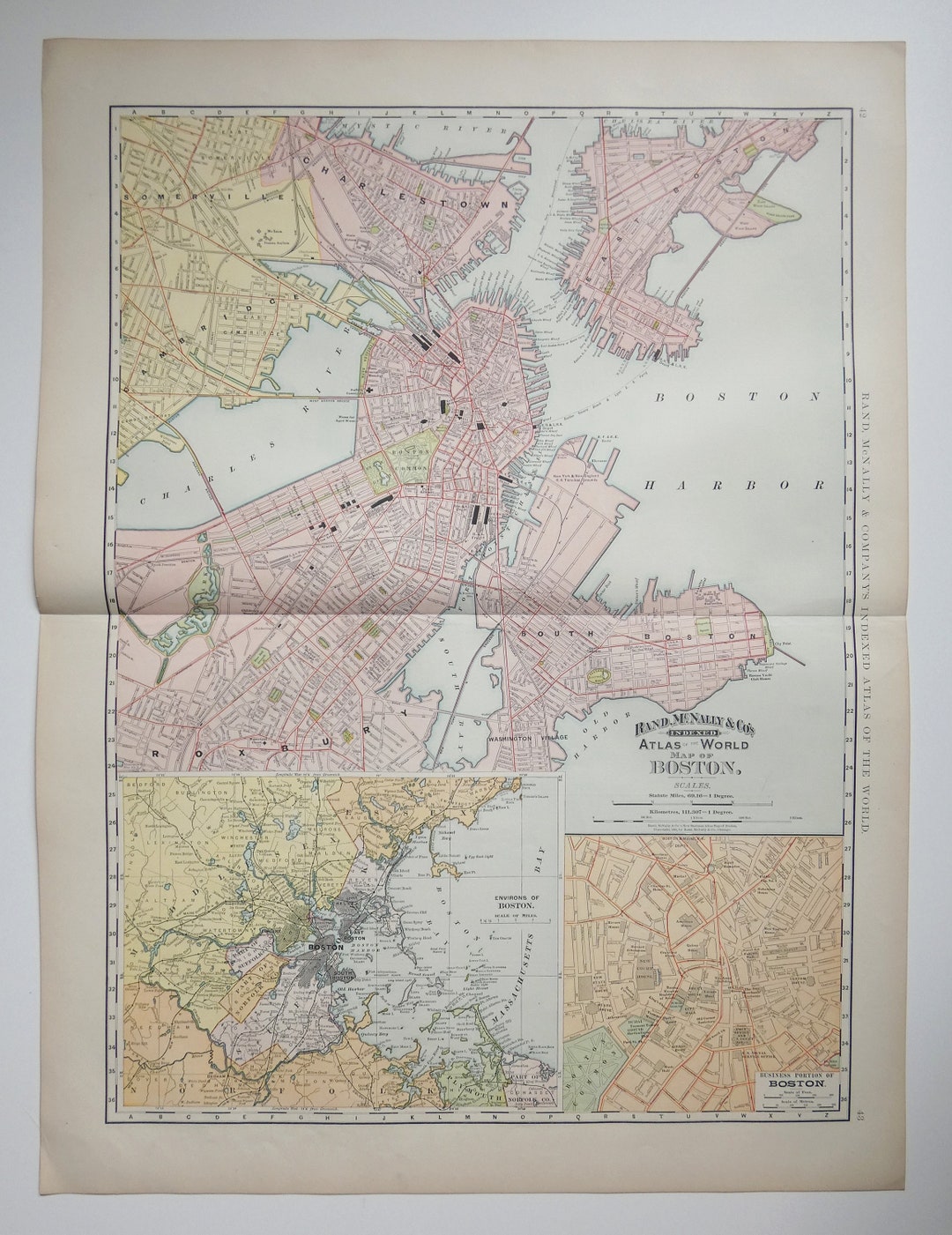 Real 1892 Large Boston Map, Original Antique Map of Boston ...