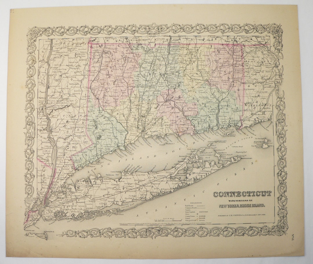 Original Antique Connecticut Map, 1856 Colton Map of Connecticut, Long ...