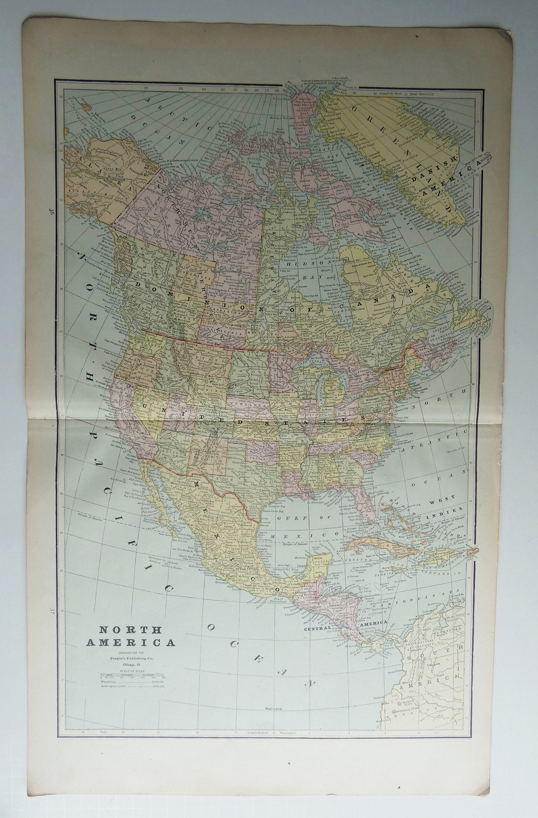 1889 Antique North America Map, United States, Canada, Mexico, Central ...