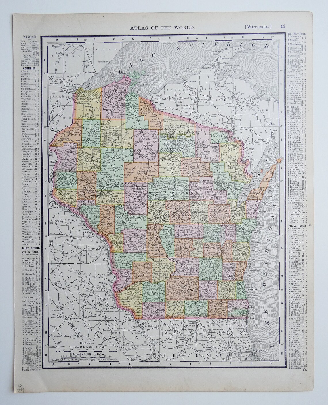 Antique Minnesota and Wisconsin Map 1899 Vintage Geography State Map ...