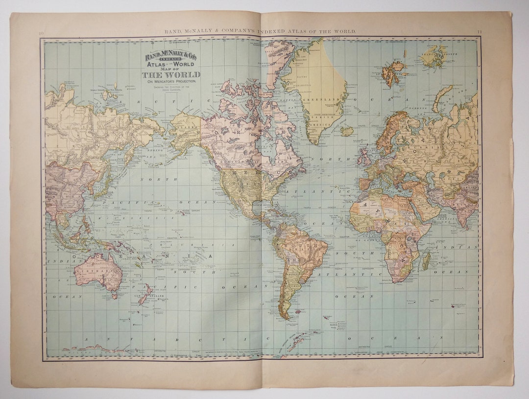 Large 1892 World Map on Mercators Projection, Rand Mcnally Atlas Map ...