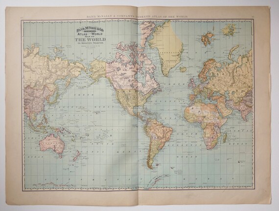 Large 1892 World Map on Mercators Projection Rand Mcnally | Etsy