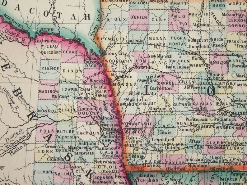 Original 1860 Mitchell Map of Illinois, Missouri, Iowa, Kansas and ...