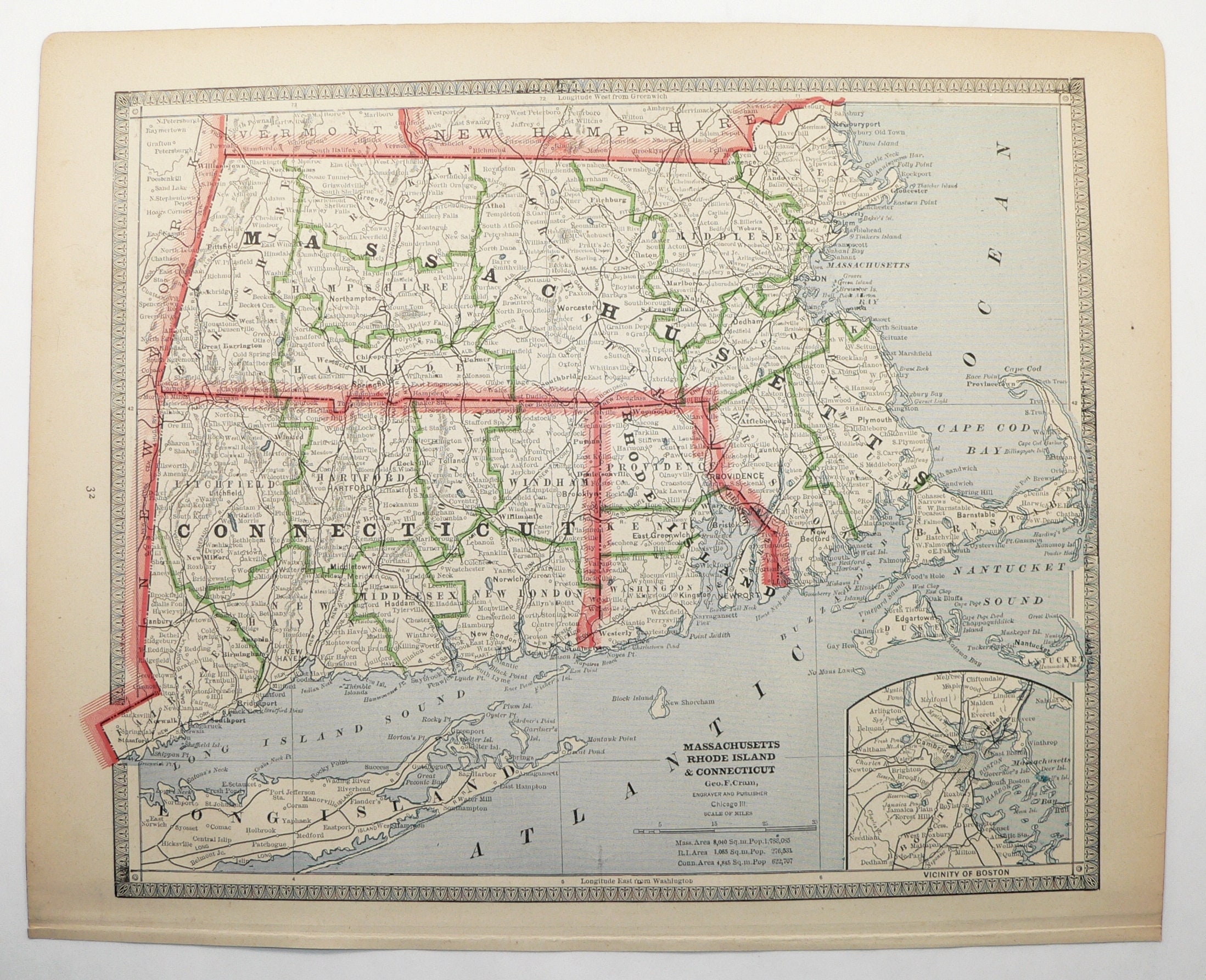 Antique 1884 Massachusetts Map with Connecticut Rhode Island | Etsy