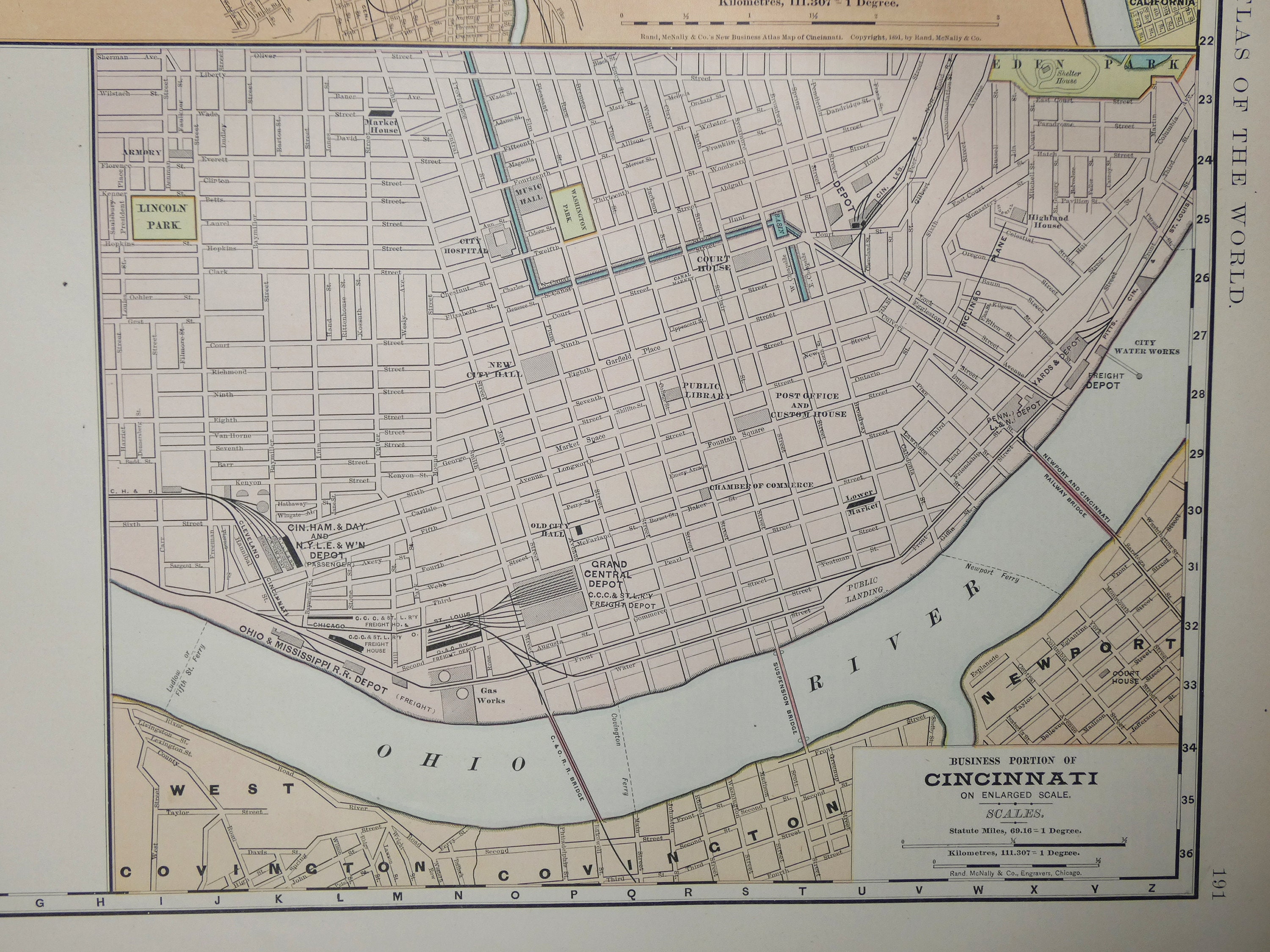 1892 Large Vintage Cincinnati Map, City Street Map of Cincinnati Ohio ...