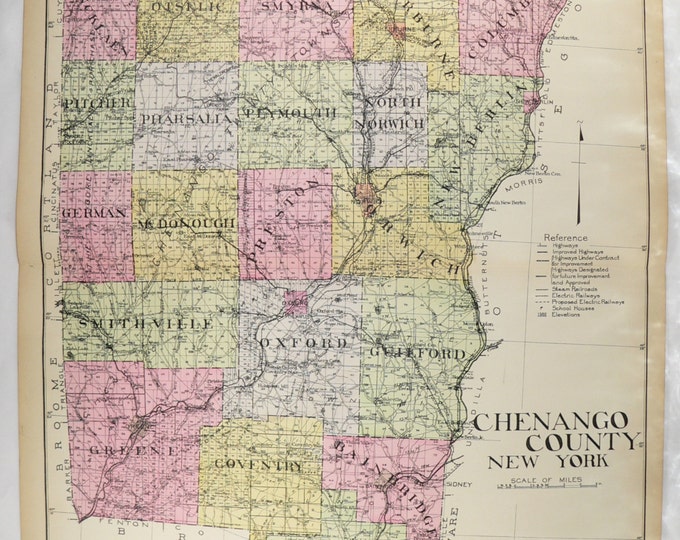 1912 Large Chenango County NY Map, New York County, Original Antique ...