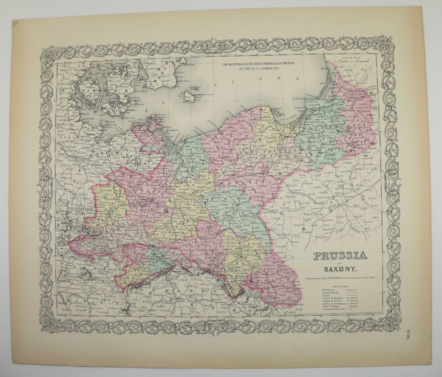 Original Antique Prussia Map with Hand Color 1854 Mitchell Map of ...
