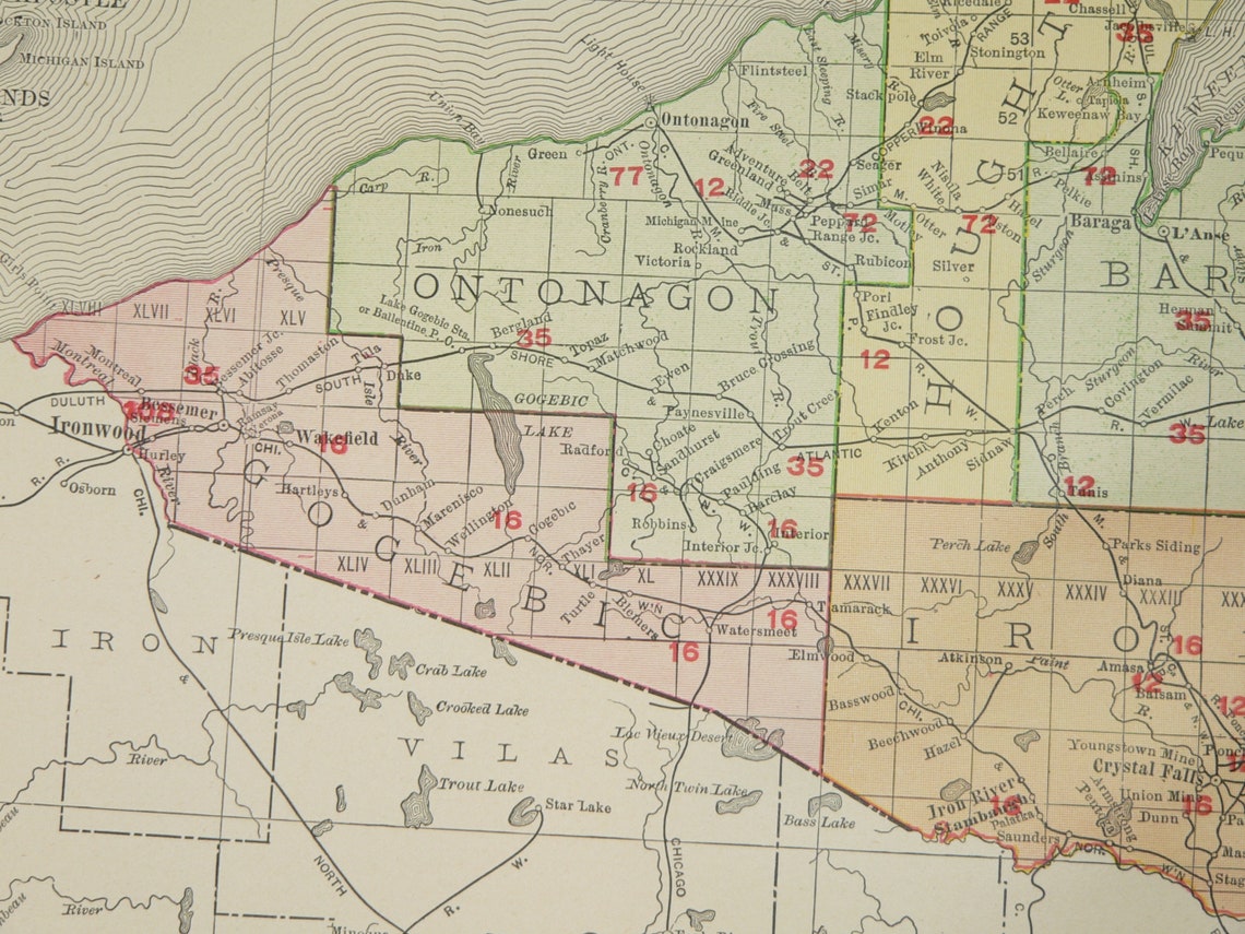 Large Upper Peninsula MI Map UP Michigan Map 1908 Original - Etsy