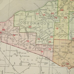 Large Upper Peninsula MI Map, UP Michigan Map 1908 Original Antique Map ...