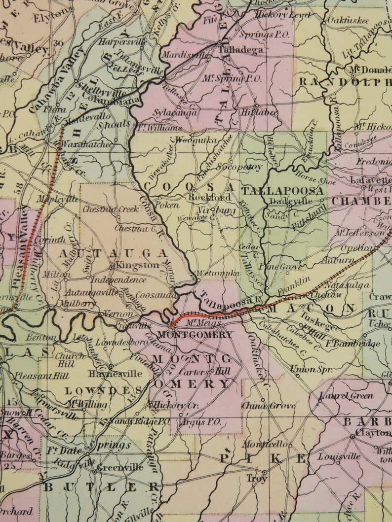 1854 Mitchell Alabama Map, Original Antique Map of Alabama, Vintage ...