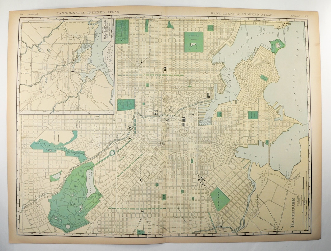 Original Vintage Baltimore MD Map 1908 Large Rand Mcnally Map of ...