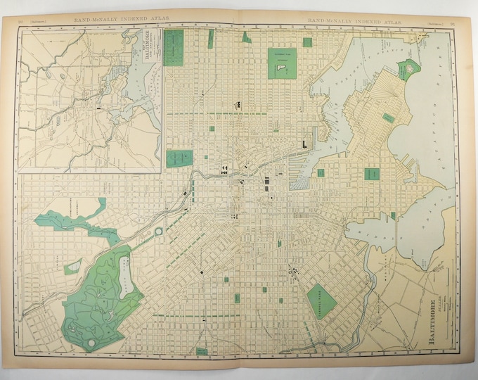 Original Vintage Baltimore MD Map 1908 Large Rand Mcnally Map of ...