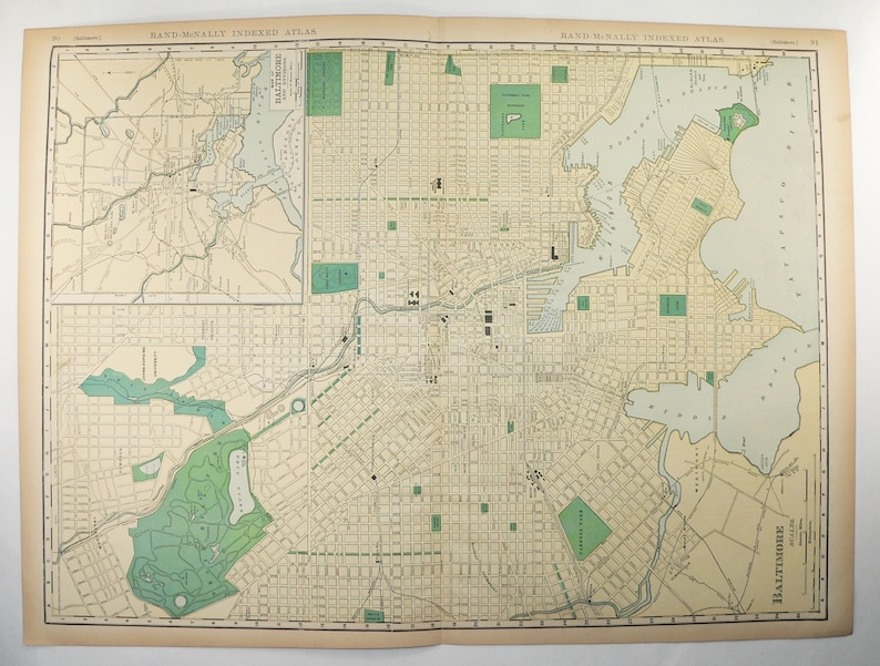 Original Vintage Baltimore MD Map 1908 Large Rand Mcnally Map of ...