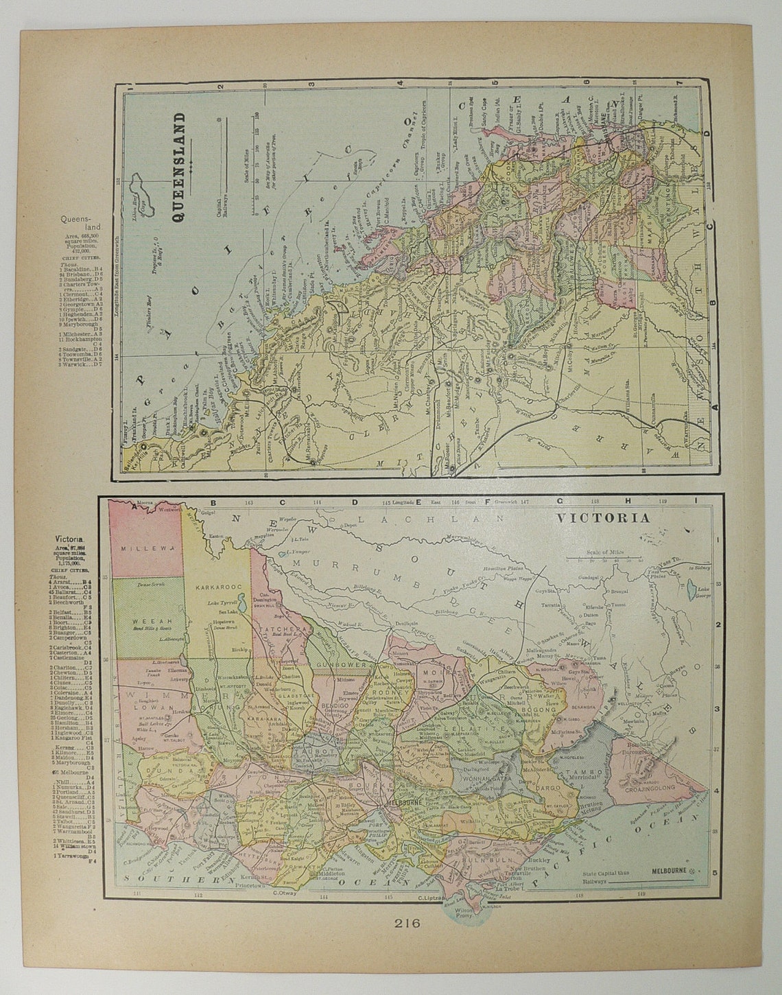 1901 Australia Map, New South Wales, Queensland, Victoria, Genealogy ...