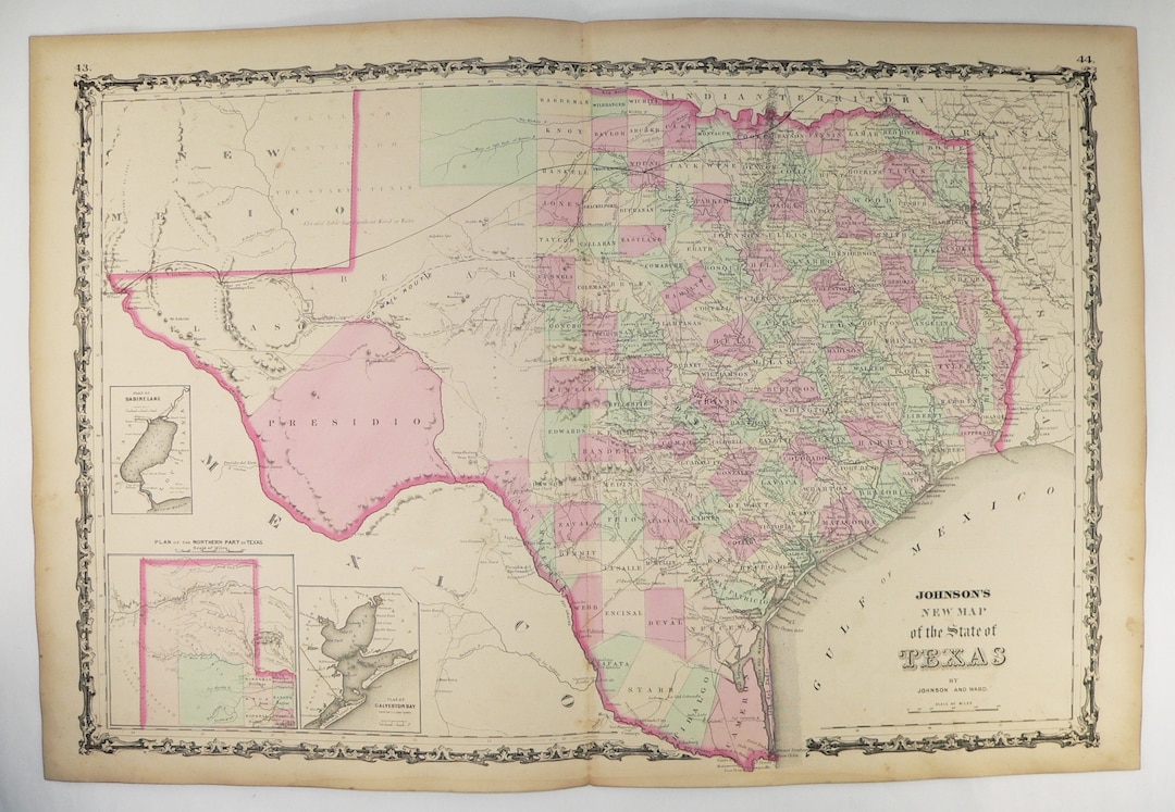 1862 Antique Texas Map: Hand-colored Johnson Atlas, Dallas & Galveston ...
