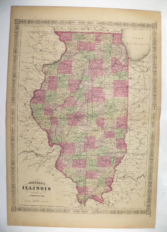 Original Vintage Map Illinois 1867 Johnson Illinois Map | Etsy