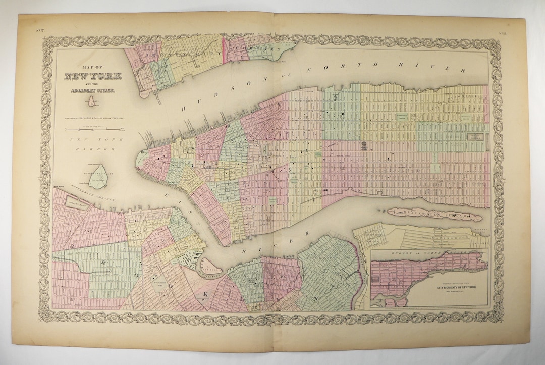 1856 Antique Hand Colored Street Map of Lower New York City Brooklyn ...