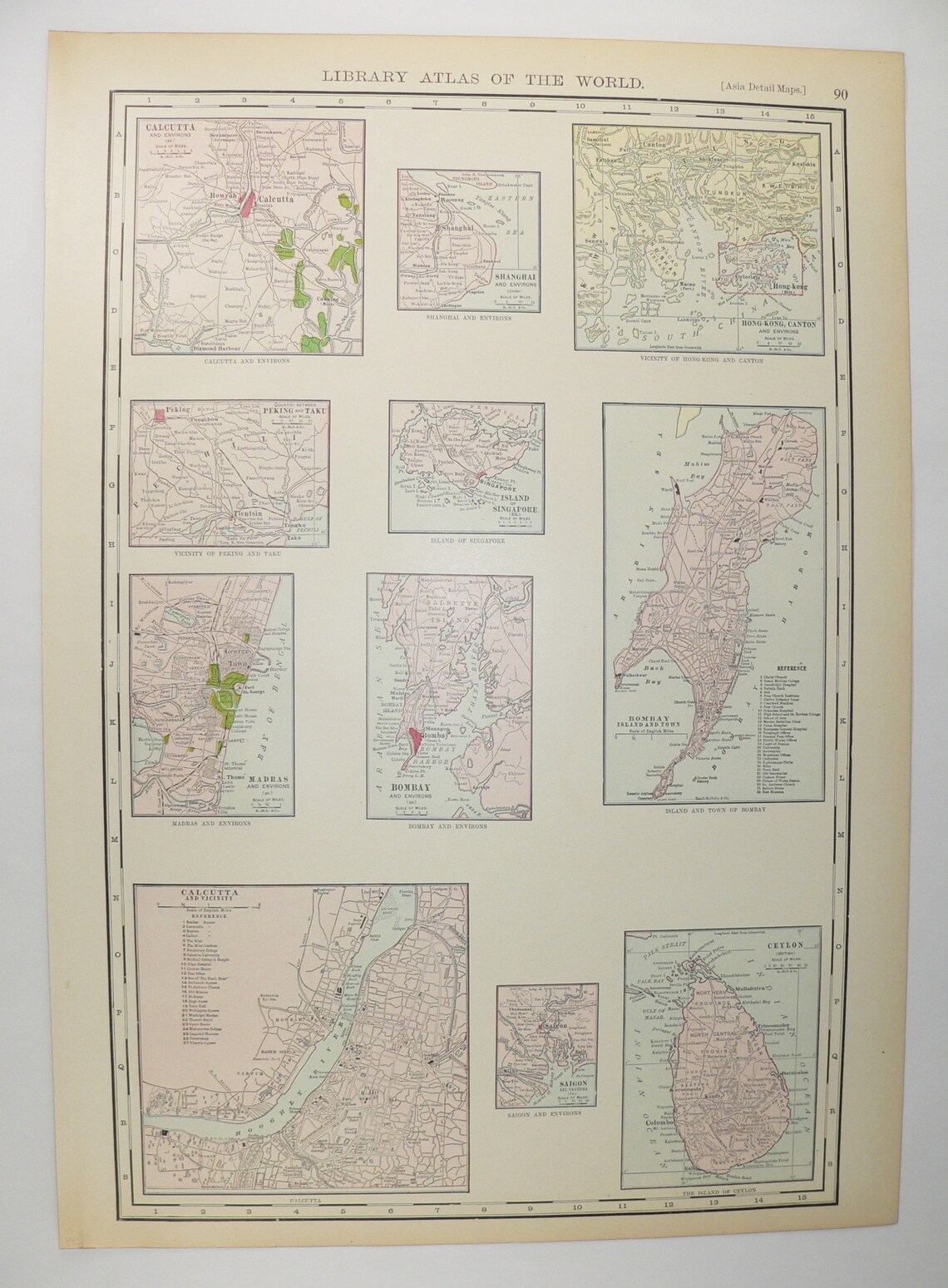 1912 Vintage India Map, Calcutta Bombay, Singapore Peking China ...