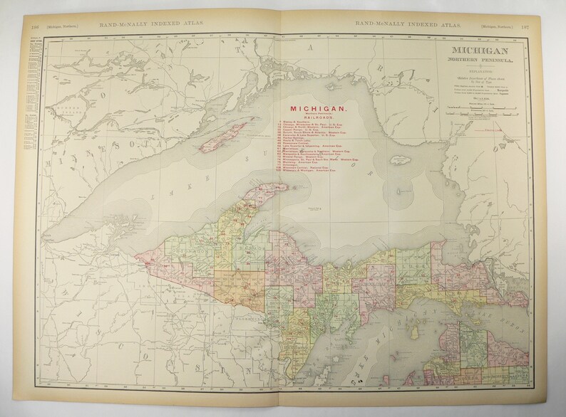 Large Upper Peninsula MI Map UP Michigan Map 1908 Original - Etsy