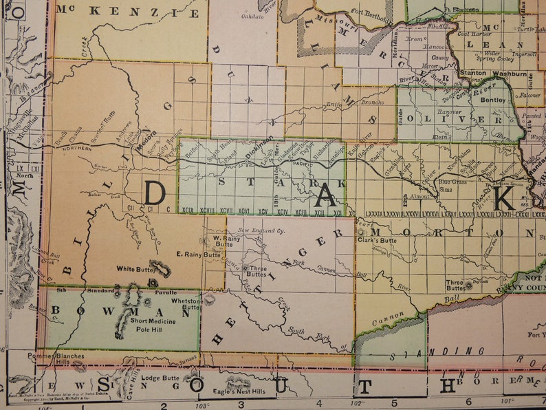 1892 Antique North Dakota Map Rand Mcnally Atlas Map of North - Etsy
