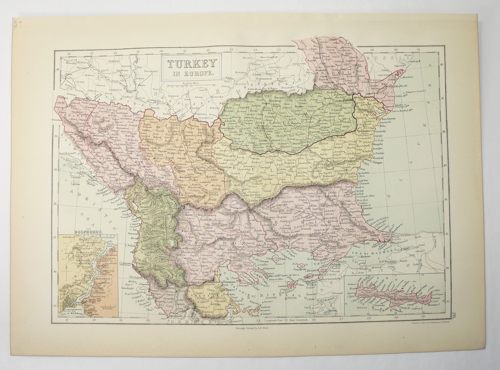 Original Antique Turkey in Europe Map 1873 A & C Black Map of Turkey in ...