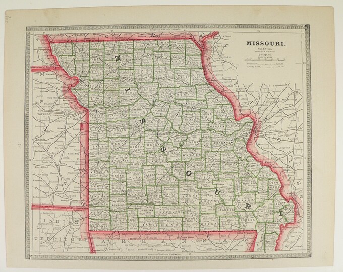 Vintage Map of Missouri, Iowa Map, 1884 Antique Map, History Buff Gift ...