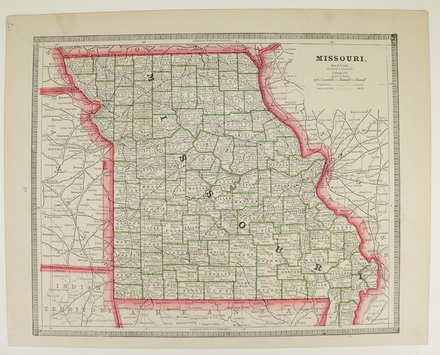 Vintage Map of Missouri, Iowa Map, 1884 Antique Map, History Buff Gift ...