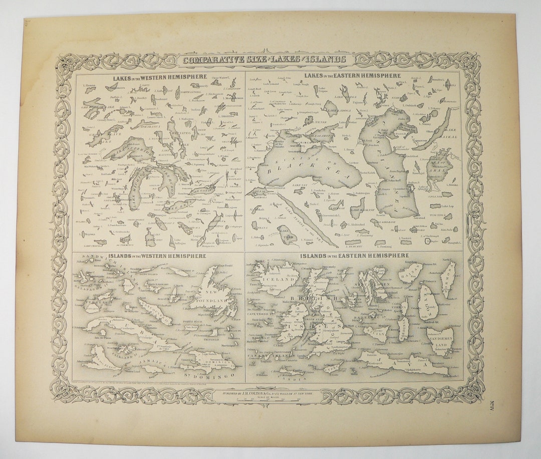 1800s Antique Map World Islands, Old World Map of Lakes 1856 Colton Map ...