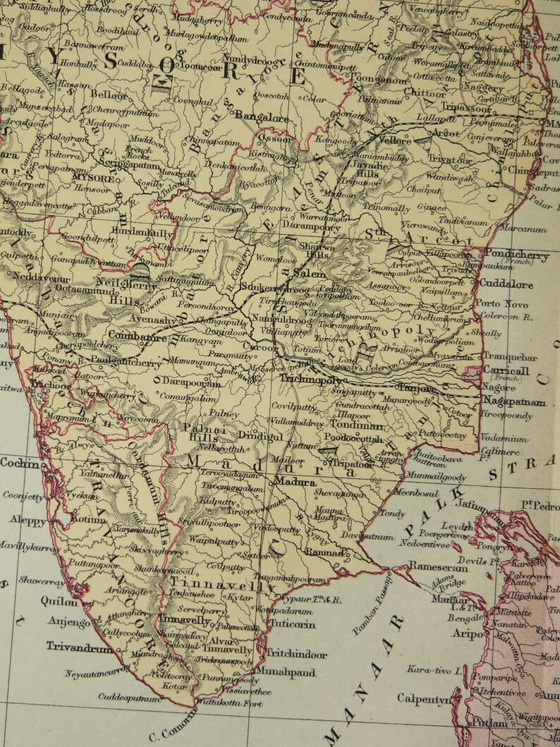 1873 Southern India Map Original Antique Map of India Ceylon | Etsy