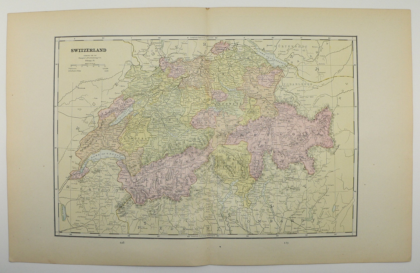 1886 Antique Map Switzerland, Swiss Alps Mountains, Old World Religions ...