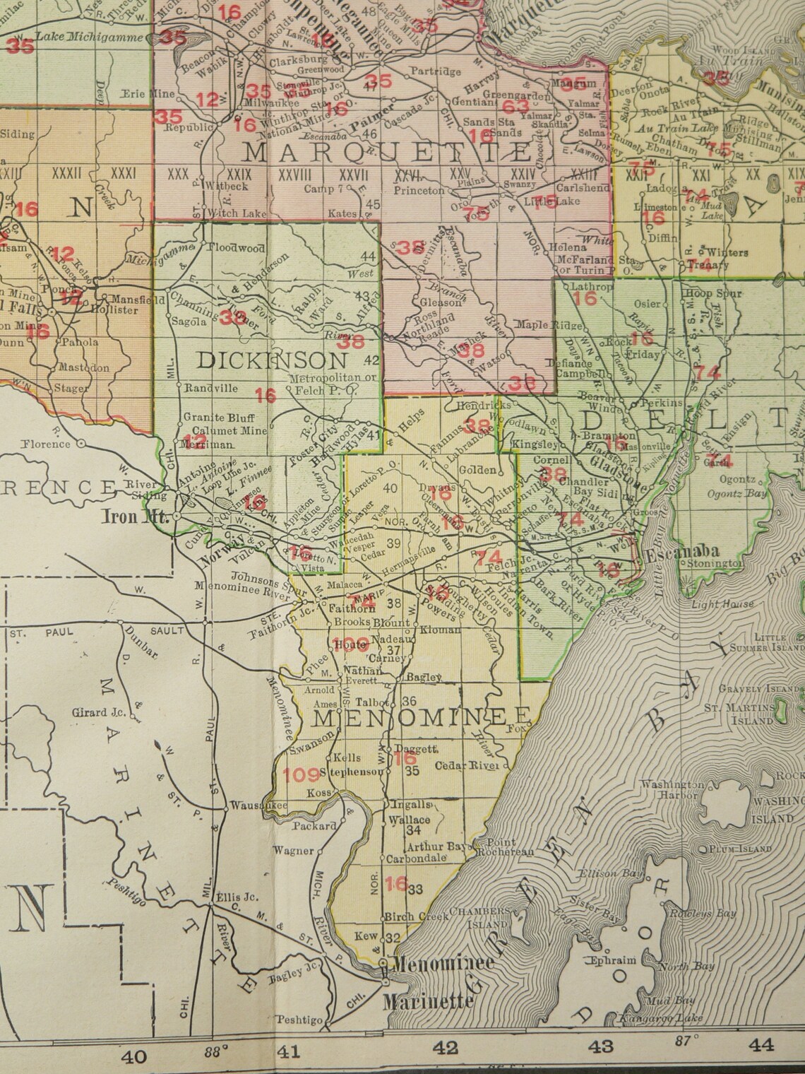 Large Upper Peninsula MI Map UP Michigan Map 1908 Original - Etsy