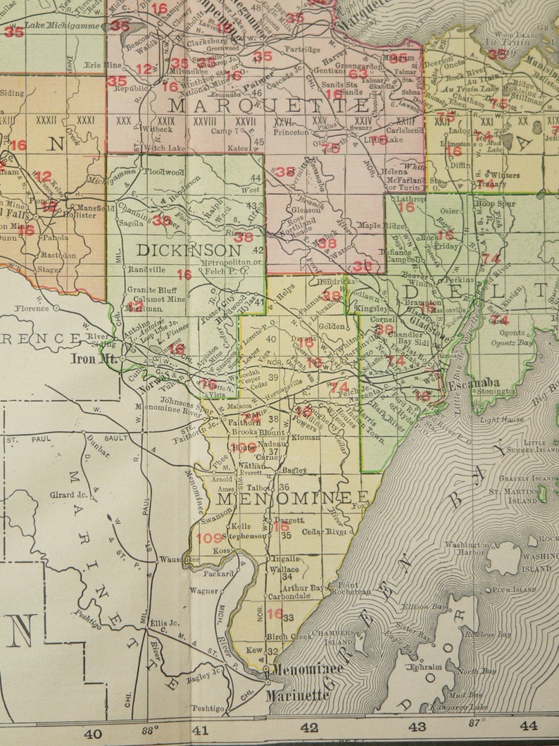 Large Upper Peninsula MI Map UP Michigan Map 1908 Original - Etsy