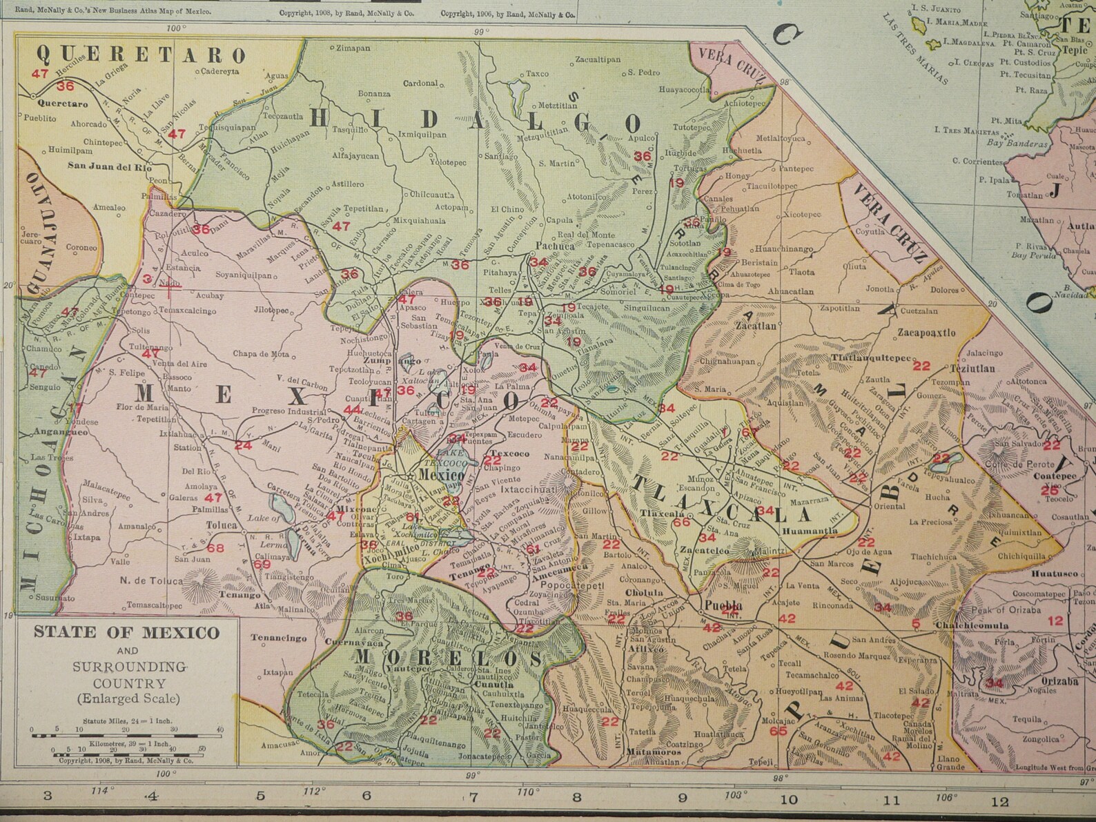 Large Mexico Map, 1908 Antique Map of Mexico, Railroad Map, Vintage ...