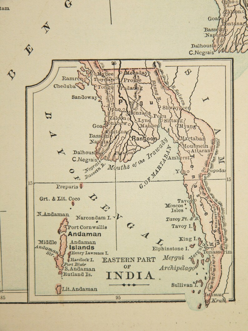 Antique India Map 1896 Vintage Map of India, Sri Lanka Ceylon, Nepal ...