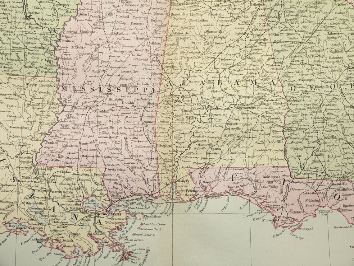 Southern United States Map 1873 A C Black US Map Florida - Etsy