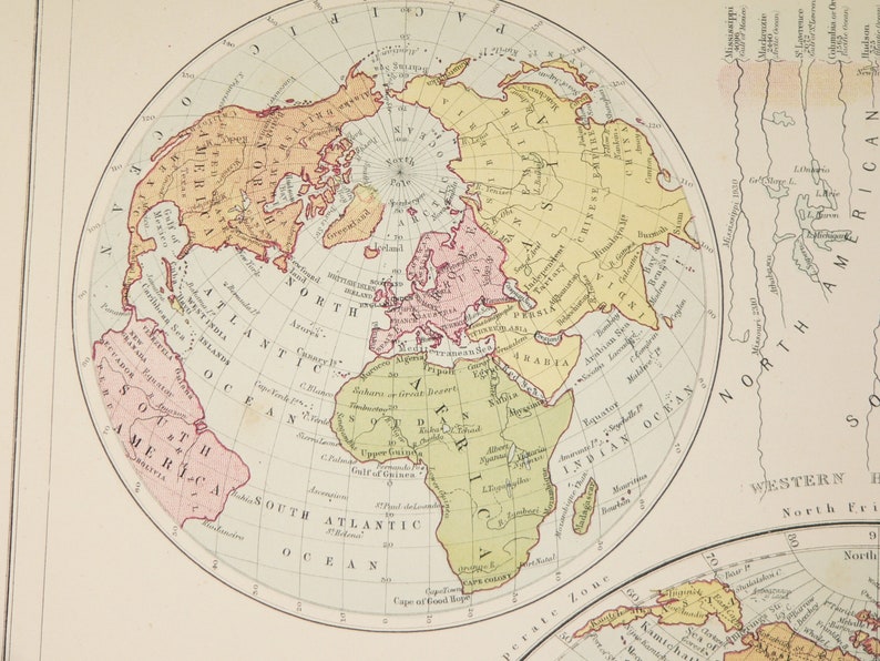 Antique World Map 1873 A C Black Map of the World, Hemisphere Map, Man ...